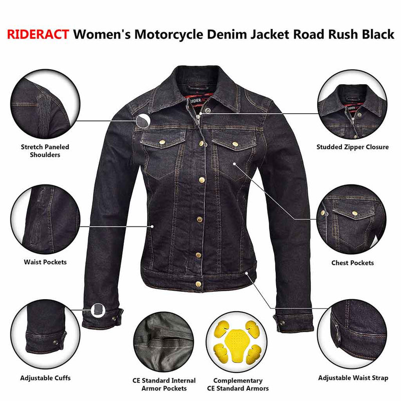 Womens Denim Motorcycle Jacket Road Rush – Reinforced Black – RIDERACT®